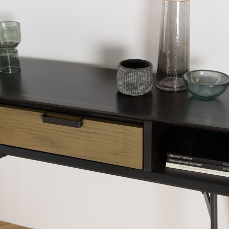 ALMA - Console noire 130x35cm 2 niches 1 tiroir marron foncé pieds ...