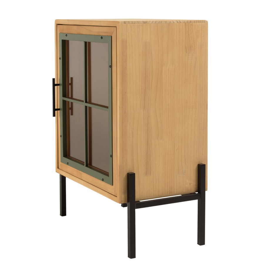 HABY - Buffet 1 porte vitrée encadrement vert pin et métal noir