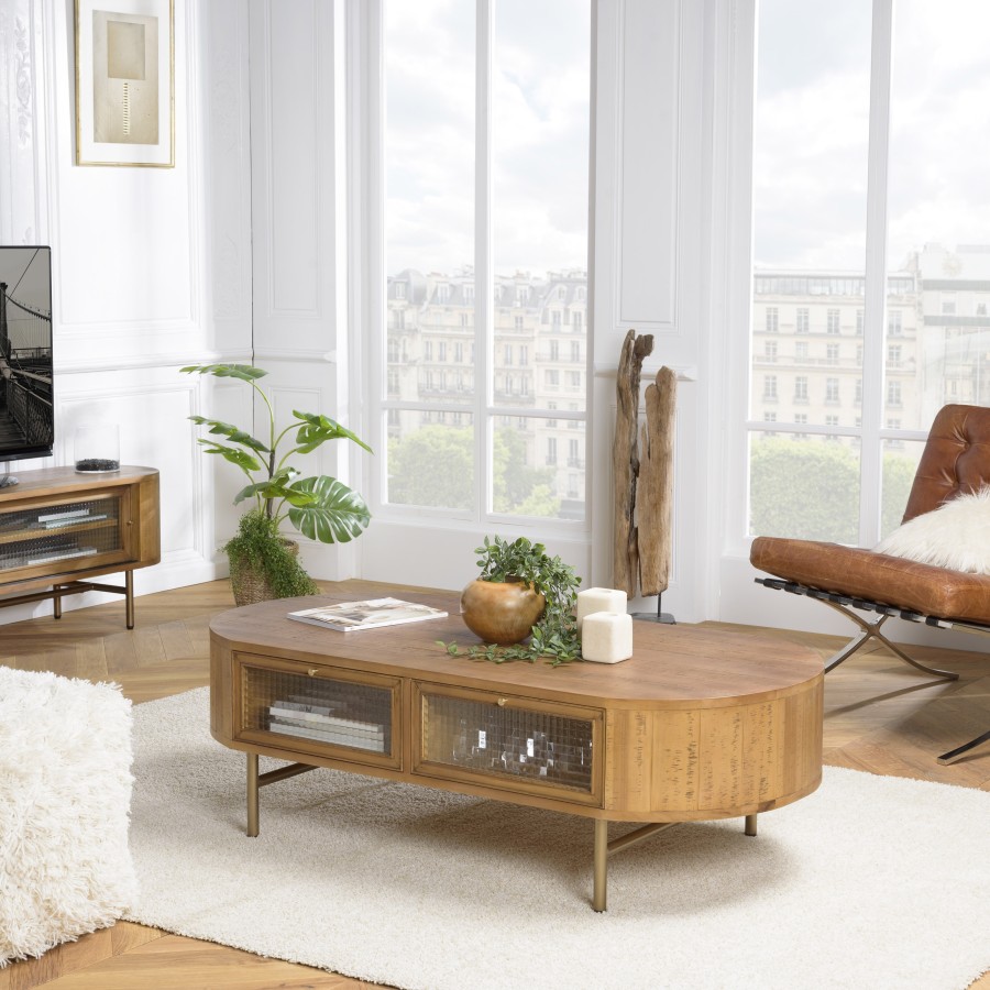 YSEULT - Table basse ovale couleur naturelle bois Peuplier 4 tiroirs vitrés